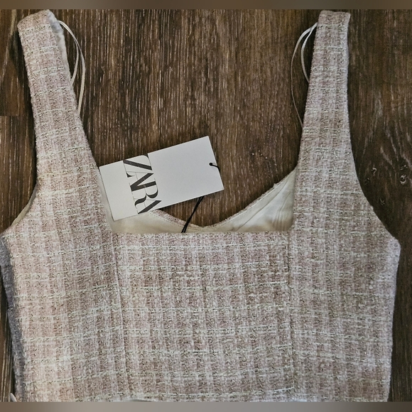 Zara | Tops | Nwt Zara Blush Pink Metallic Gold Tweed Crip Top Size ...